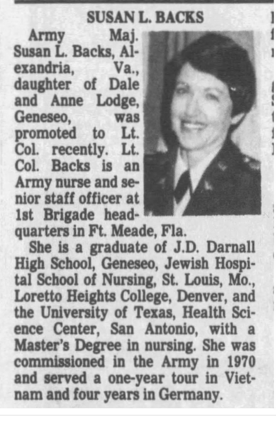Lieutenant Colonel Susan Backs, an extraordinary Army nurse. - SASS ...
